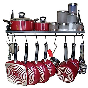 30" Wall mounted pots and pans rack. Pot holders wall shelves with 12 hooks. Kitchen shelves wall mounted with wall hooks. Kitchen storage pot holder pot rack. Pot pan organizer. Pot Pan rack.