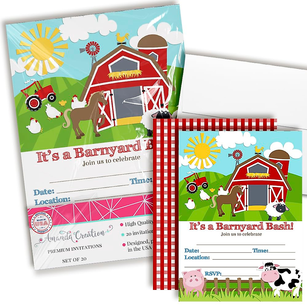 Barnyard Bash Farm and Barn Themed Birthday Party Invitations, 20 5x7 Fill In Cards with Twenty White Envelopes by AmandaCreation