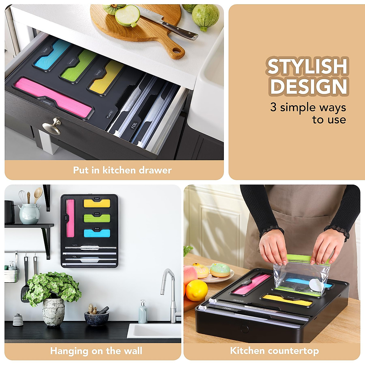 CiWiVOKi Storage Bag Organizer for Drawer, 6 in 1 Foil and Plastic Wrap Dispenser with Cutter, Plastic Kitchen Organizers and Storage for Sandwich Snack Gallon Quart Bags and 12" Aluminum Foil, Black