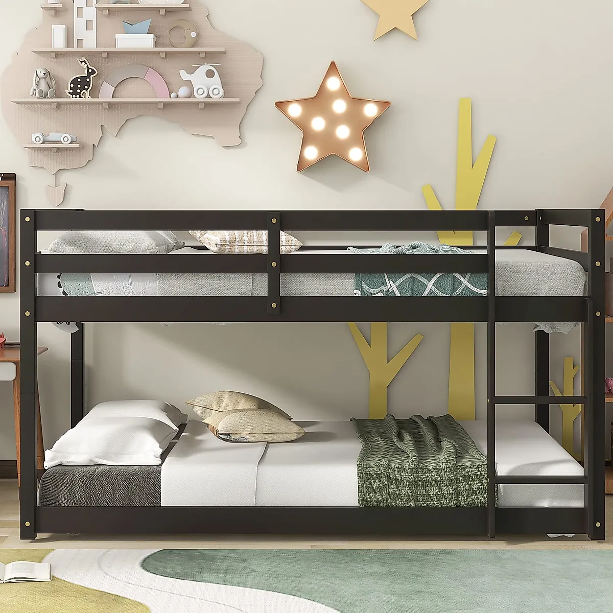 LAVHOME Twin Low Bunk Bed, Solid Wood Twin Over Twin Bunk Bed Frame with Full Guardrails & Integrated Ladder, Floor Twin Bunk Beds for Kids Boys and Girls, No Box Spring Needed,Espresso