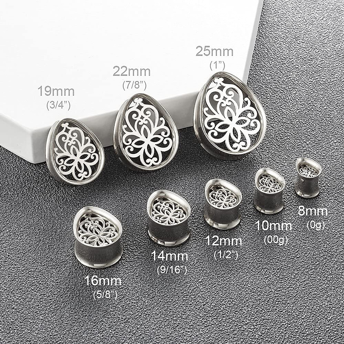 LADEMAYH 2 PCS Teardrop Double Flared Ear Plugs Tunnels Gauges For Women Stretched Silver Stainless Steel Ear Hangers Lightweight Body Piercing Jewelry Gauge: 00g(10mm)