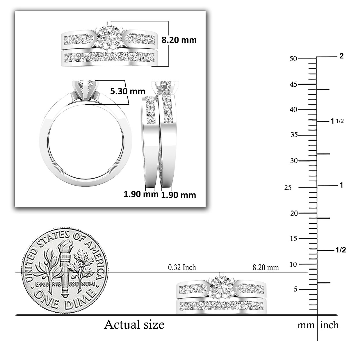 Dazzlingrock Collection 0.95 Carat (Cttw) White Diamond Solitaire Tapered Shank Wedding Ring Set for Women in 14K White Gold Size 6.5