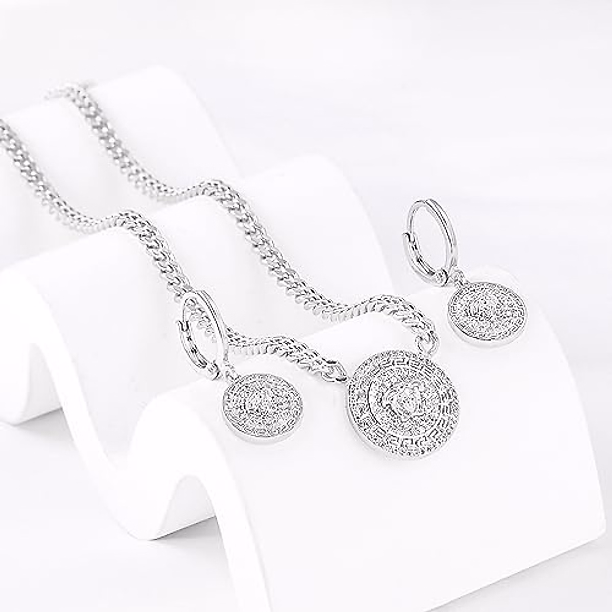 GXGLMP CZ Jewelry Set for Women Gold Plated Round Pendant Cuban Link Chain Necklace Bracelet Hoop Earring Open Ring Set(sliver)