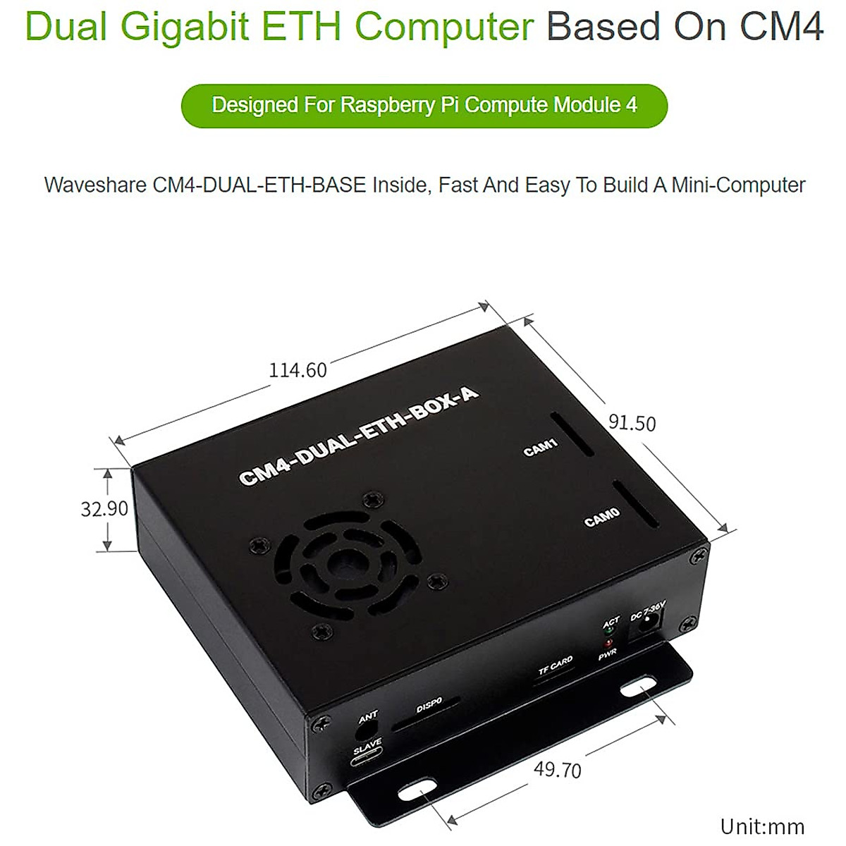 Bicool Dual Gigabit Ethernet MiniComputer Based on Raspberry Pi Compute Module 4 with CM4 Dual Gigabit Ethernet Base Board and Metal Case with Cooling FanETHCSIDSIRTCHDMIMicro SDUSB