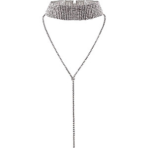 Kercisbeauty Dainty Rhinestones Choker Y Necklace for Women Party Diamond Choker Long Chain Necklace Bar