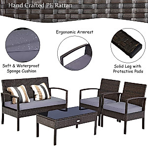Moccha 4-Piece Patio Rattan Furniture Set, Outdoor Wicker Conversation w/ Padded Cushion & Coffee Table, Bistro Sofa Set w/ Tempered Glass Tabletop for Outdoor Indoor Patio Poolside Backyard, Brown