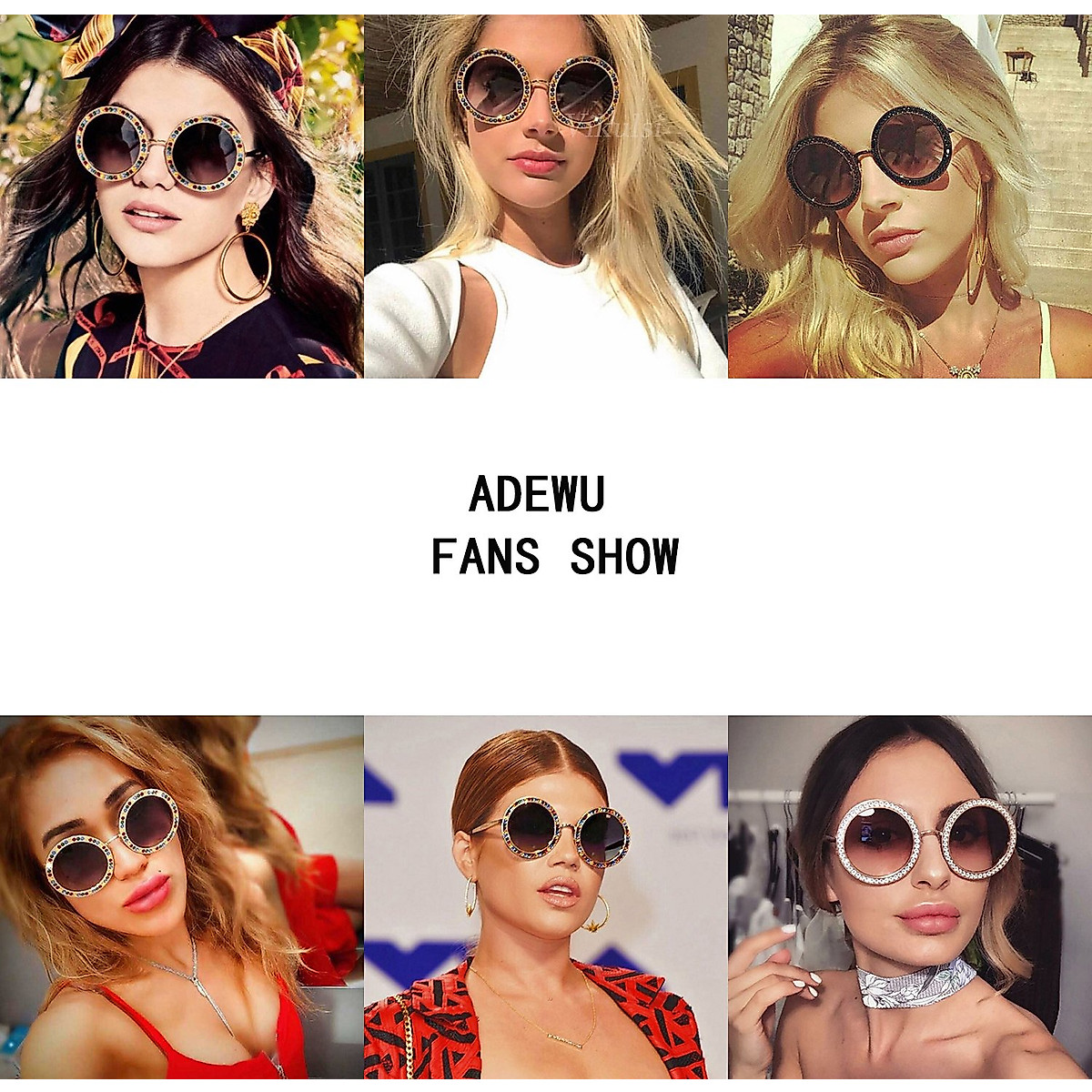 ADE WU Rhinestone Sunglasses Round Oversized Gem Shinning Sunnies for Feastival Party Favor (Silver/White)