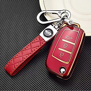 Moly Magnolia Microfiber Leather Car Keychain, Zinc Alloy Key Fob Holder, 360° Rotatable Keyring with Anti-Lost D-Ring for Women Men (Red)