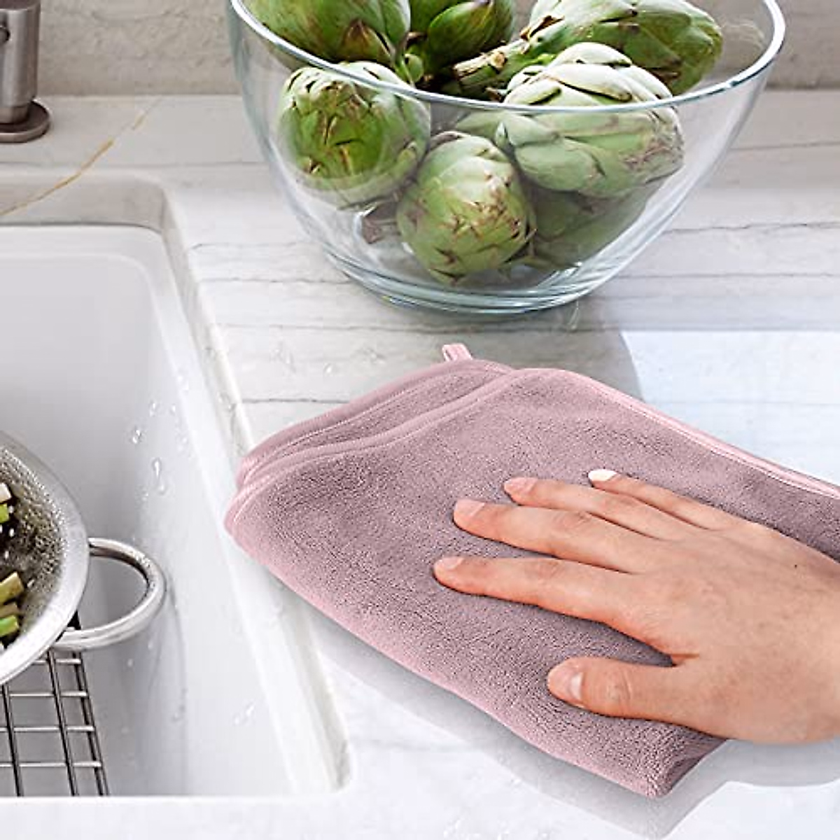 UMANI Towels Kitchen Cloths, Fine Fiber Fleece Super Soft and Absorbent Dish Towels, Extra Thick Cleaning Towels and Hand Towels with Hanging Loop, 12 x 16 Inch, 5 Pack (Purple)