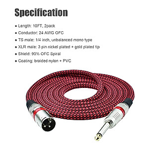 10FT Unbalanced 1/4 inches TS Male to XLR Male Mono Cable, Luterra Quarter Inch to 3pin XLRm Audio Cord, OFC Shield, Nylon Braided, for Mixer/Keyboard/Electronic Drum, 2Pack, KRUS-TS-XLRM-3MX2