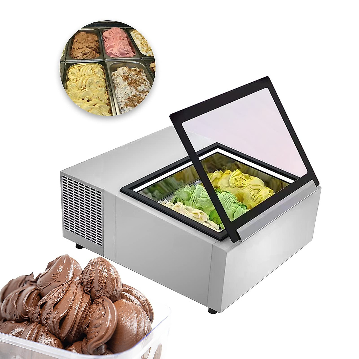 Mvckyi Commercial Display Refrigerator, Countertop 3 1/3GN PAN Hard Ice Cream Dipping Cabinet Chest Refrigerated, White Gelato Ice Cream Freezer Display Refrigerators with LED Lighting