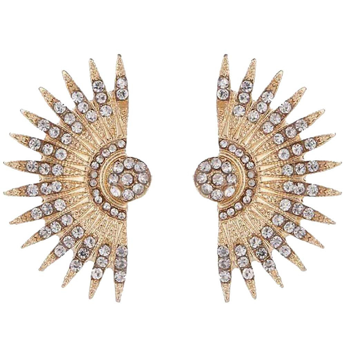 Gold Tone Art Deco Antique Vintage Style Flapper Fan Wings Rhinestone Wedding Bridal Prom Statement Earrings