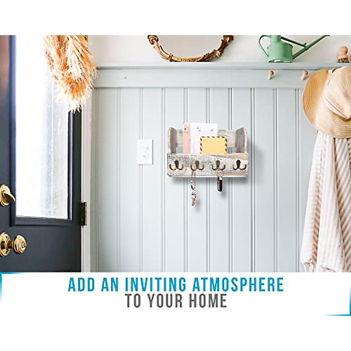 Comfify Wooden Wall Mount Mail Holder Organizer – Rustic Key Holder Organizer for Wall – Magazine Holder with 4 Double Key Hooks – Distressed White Rustic Wall Décor for Entryway