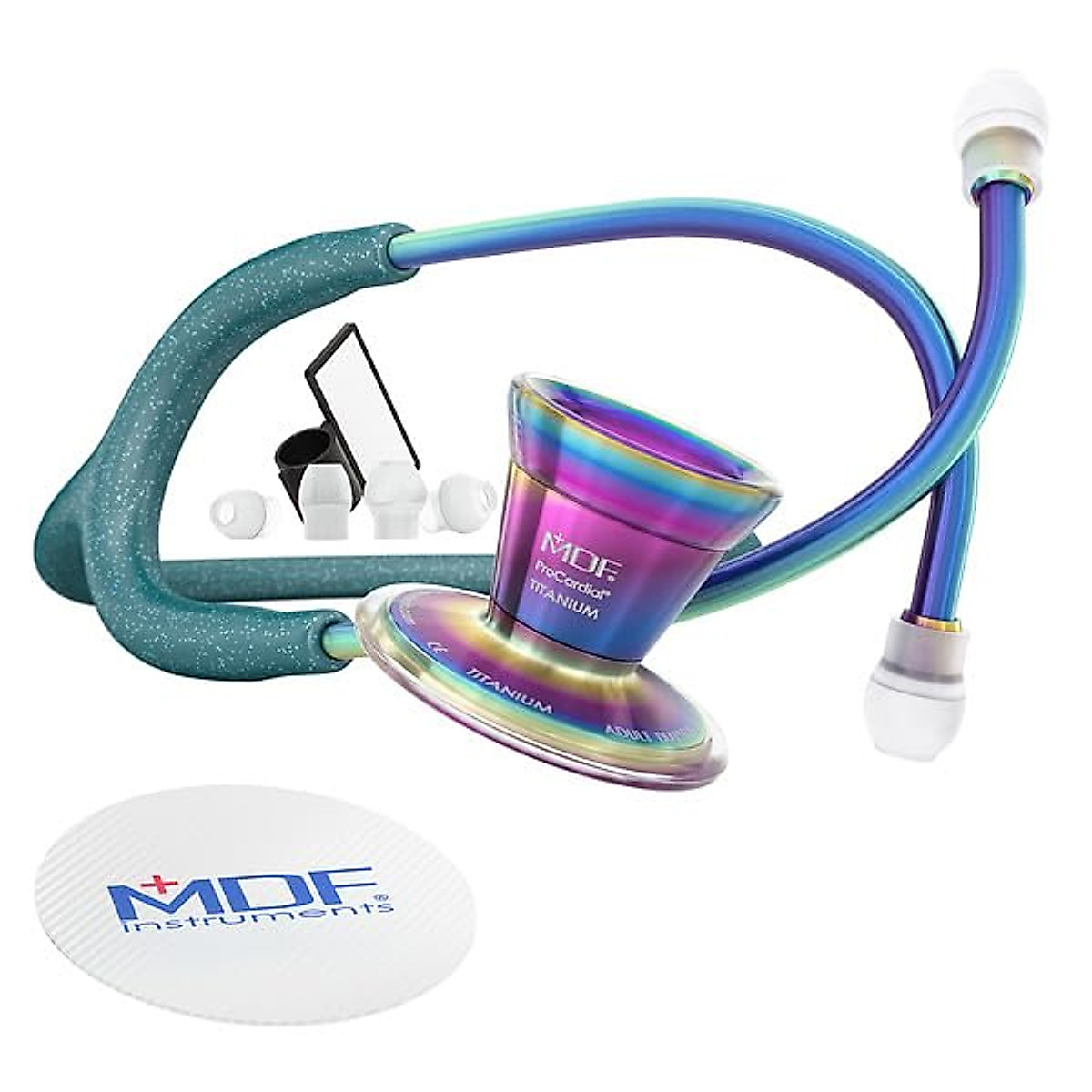 MDF Instruments Green Glitter Kaleidoscope ProCardial Cardiology Stethoscope, Limited Edition Mprints, Lightweight Titanium, Adult, Dual Head, Green Glitter Tube, Chestpiece-Headset, MDF797TGL21KL