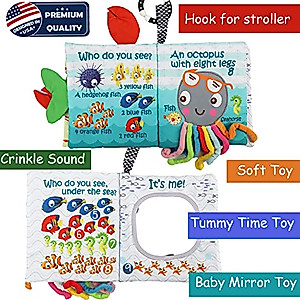 Soft Cloth Crinkle Books Touch Feel Baby Books 0-6 Months for Babies,Infants,Toddlers,Baby Boy Girl Toys 0-3 Months 6 to 12 Months 1-3 Years Old Shower Gifts Box, Sensory Toy Fish Octopus,Teether Ring