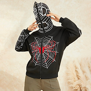 Meiweileya Y2k Full Zip Up Hoodie Spider Skeleton Graphic Jackets for Women Man Teen Girls Aesthetic Harajuku Clothes