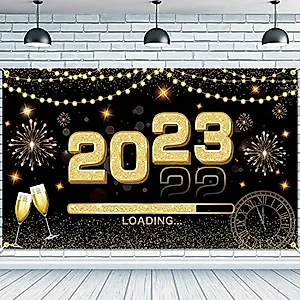 JKQ 2023 Happy New Year Backdrop Banner 71 x 43 Inch Large Size New Year Background Banner 2023 Loading New Year Holiday Party Decorations Black Gold 2023 New Years Eve Party Photo Booth Props