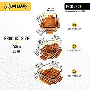 Glass Meal Prep Containers - 1, 2 & 3 Compartment (3 Pack, 36 oz), Reusable Glass Food Storage Containers with Lids, Bento Box Glass for Meal Prep