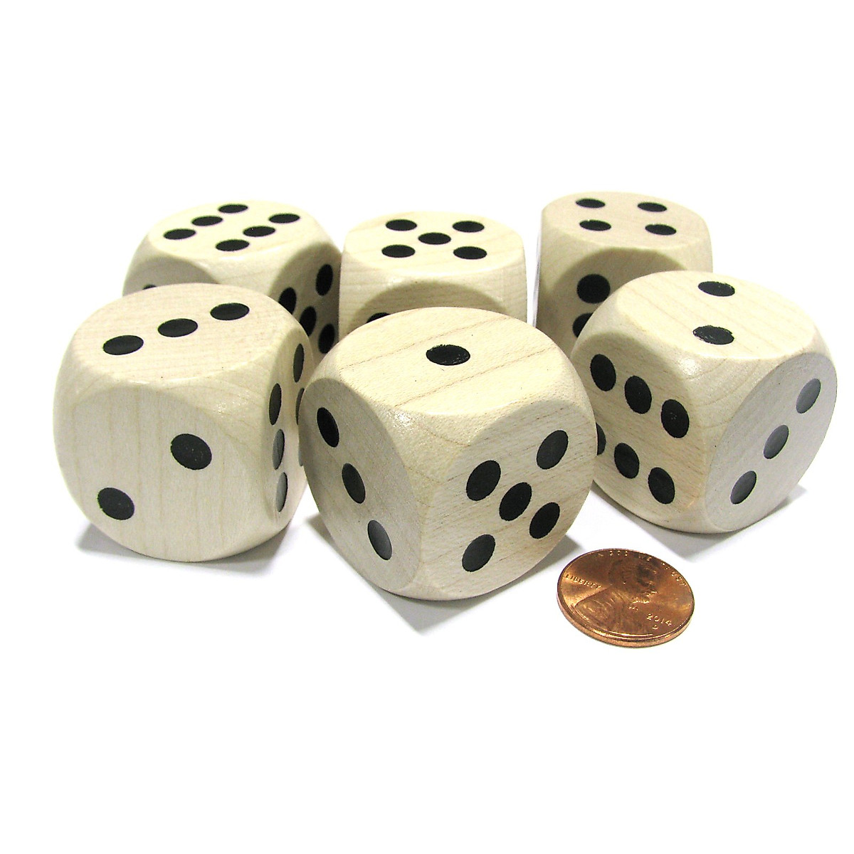 Koplow Games Set of 6 D6 Large Jumbo 30mm Rounded Wood Dice - Wooden with Black Pips