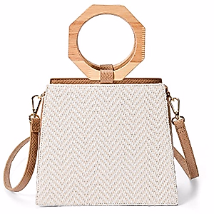 Like Dreams Women Straw Woven Vegan Leather Satchel Bag Wooden Top Handle Fashion Crossbody Purse (Cream)