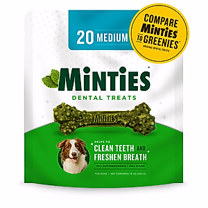 Minties Dental Chews for Dogs, 20 Count, Vet-Recommended Mint-Flavored Dental Treats for Medium Dogs 25-50 lbs, Dental Bones Clean Teeth, Fight Bad Breath, and Removes Plaque and Tartar