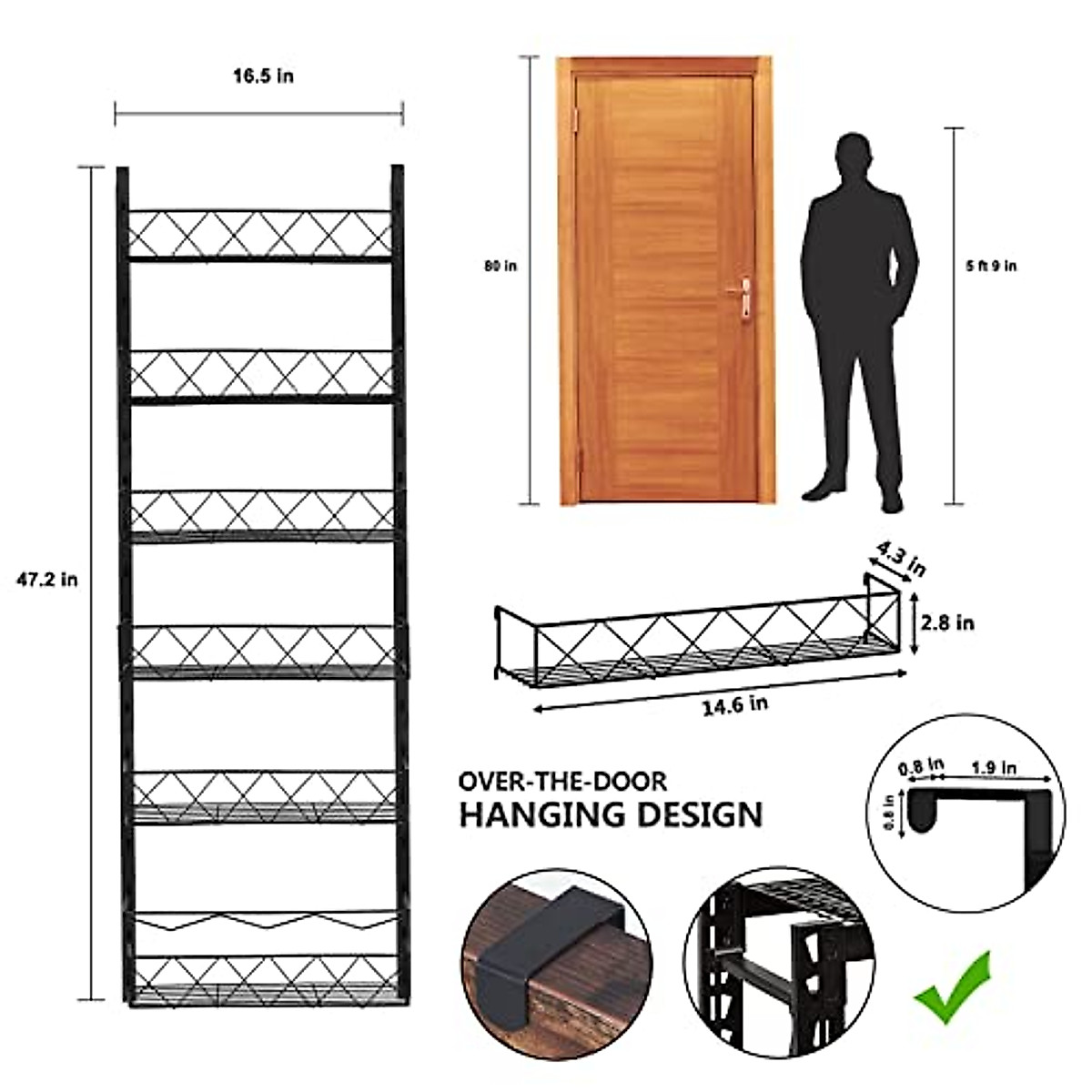 PilavAloo 6-Tier Over the Door Pantry Organizer with Hooks, Adjustable Hanging Door Spice Rack, Hanging Door Shelf for Canned Goods Storage or Bedroom Bathroom Beauty Supplies Organizing