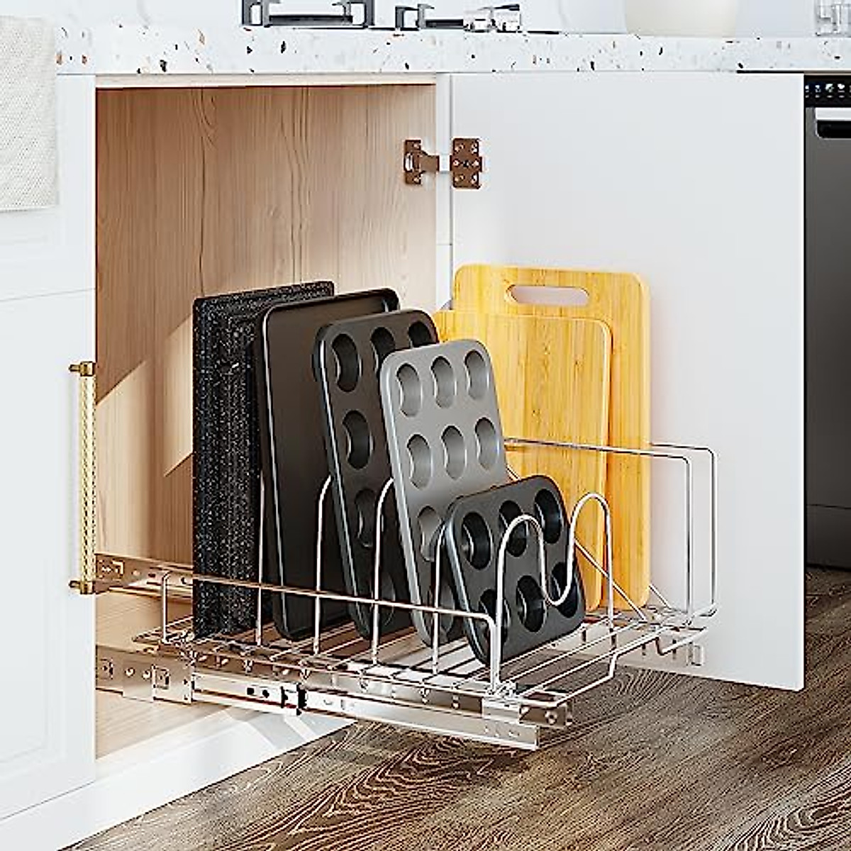 FANHAO Slide Out Cutting Board, Bakeware, and Tray Organizer, Wire Pull Out Kitchen Cabinet Organizer for Pots, Pans, and Lid Cookware, 13.5 inch wide x 17.7 inch deep – Chrome