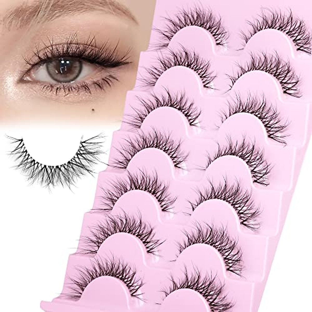 Wispy Lashes Natural Look False Eyelashes Clear Band Fluffy Faux Mink Cat Eye Lashes Pack 15mm 3D Light Fake Lashs that look like Extensions Soft Curly Lash Strips 7 Pairs
