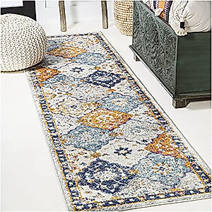 JONATHAN Y MDP214A-28 Kirman Bohemian Medallion Indoor Area-Rug Bohemian Vintage Easy-Cleaning Bedroom Kitchen Living Room Non Shedding, 2 X 8, Light Gray Blue Orange