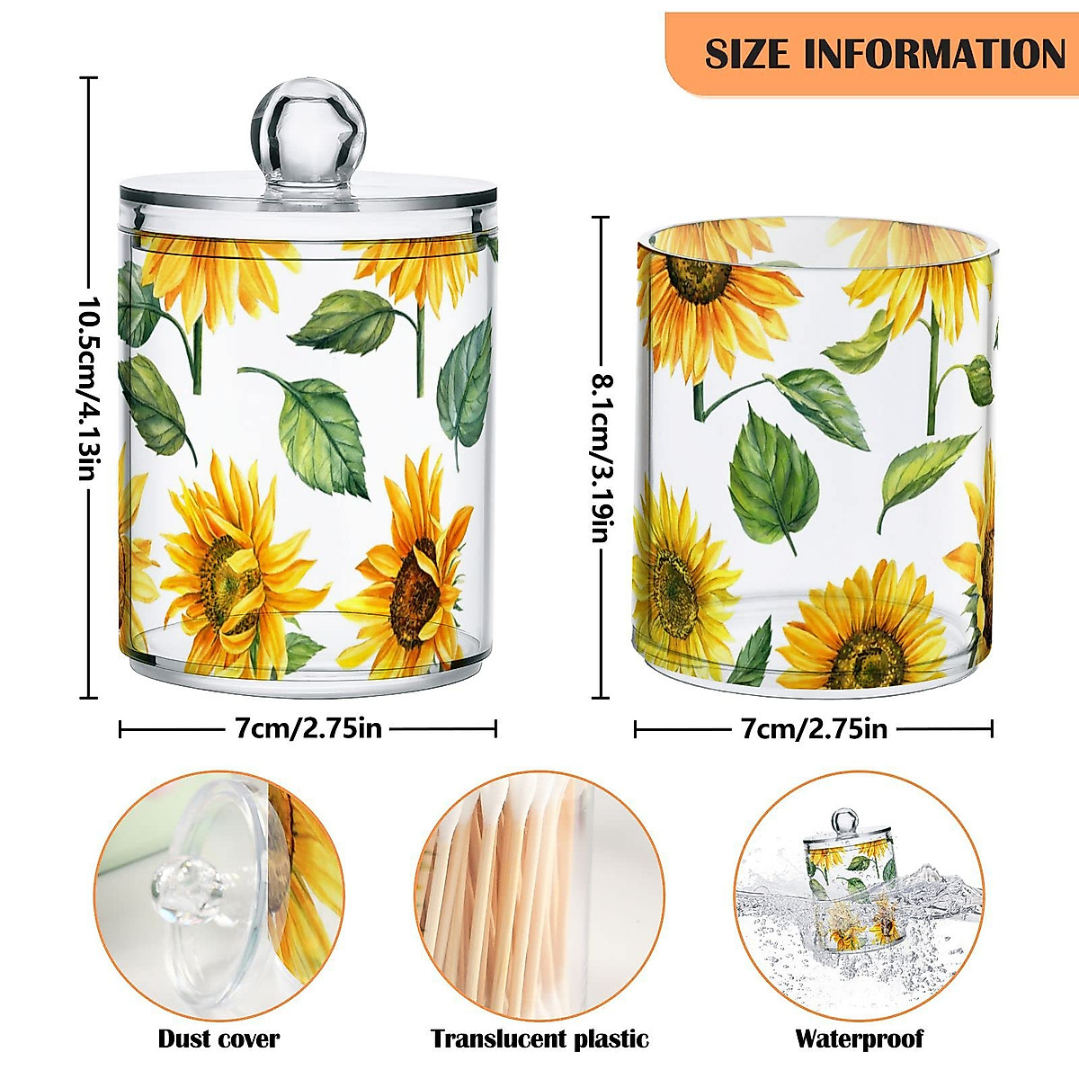 ALAZA 2 Pack Qtip Holder Dispenser for Cotton Ball Yellow Sunflower Cotton Swab Cotton Round Pads Clear Plastic Acrylic Jar Set Bathroom Canister
