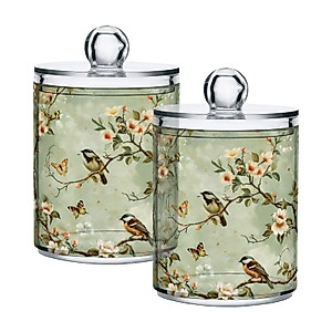 Msyxl 2 Pack Green Vintage Birds Apothecary Jars with Lid, Qtip Holder Storage Containers for Cotton Ball, Swabs, Pads, Clear Plastic Canisters for Bathroom Vanity Organization (10 Oz)