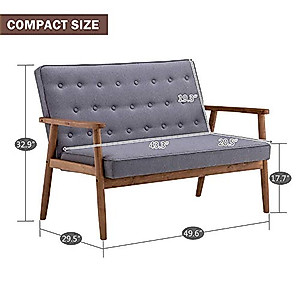 JOYBASE Loveseat Sofa, 2-Seater Sofa Couch, Mid-Century Retro Modern Fabric Upholstered Wooden, Grey