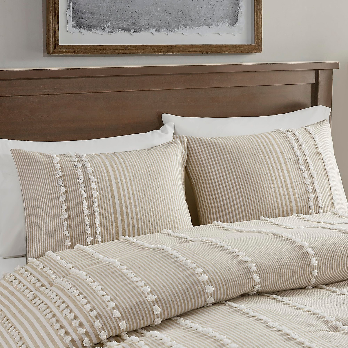 Harbor House 100% Cotton Duvet Set - Trendy Tufted Textured Design, All Season Cozy Bedding Modern Comforter Cover, Matching Shams, Anslee Pom Pom Taupe Queen(90"x90") 3 Piece