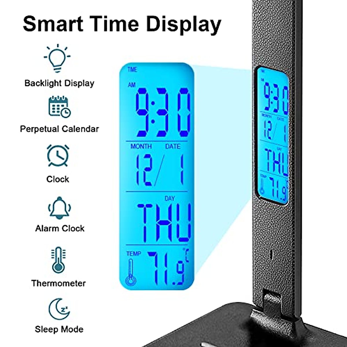 LAOPAO Desk Lamp, LED Desk Lamp with Wireless Charger, USB Charging Port, Adjustable Foldable ​Table Lamp with Clock, Alarm, Date, Temperature, 5-Level Dimmable ​Lighting​, Office Lamp with Adapter