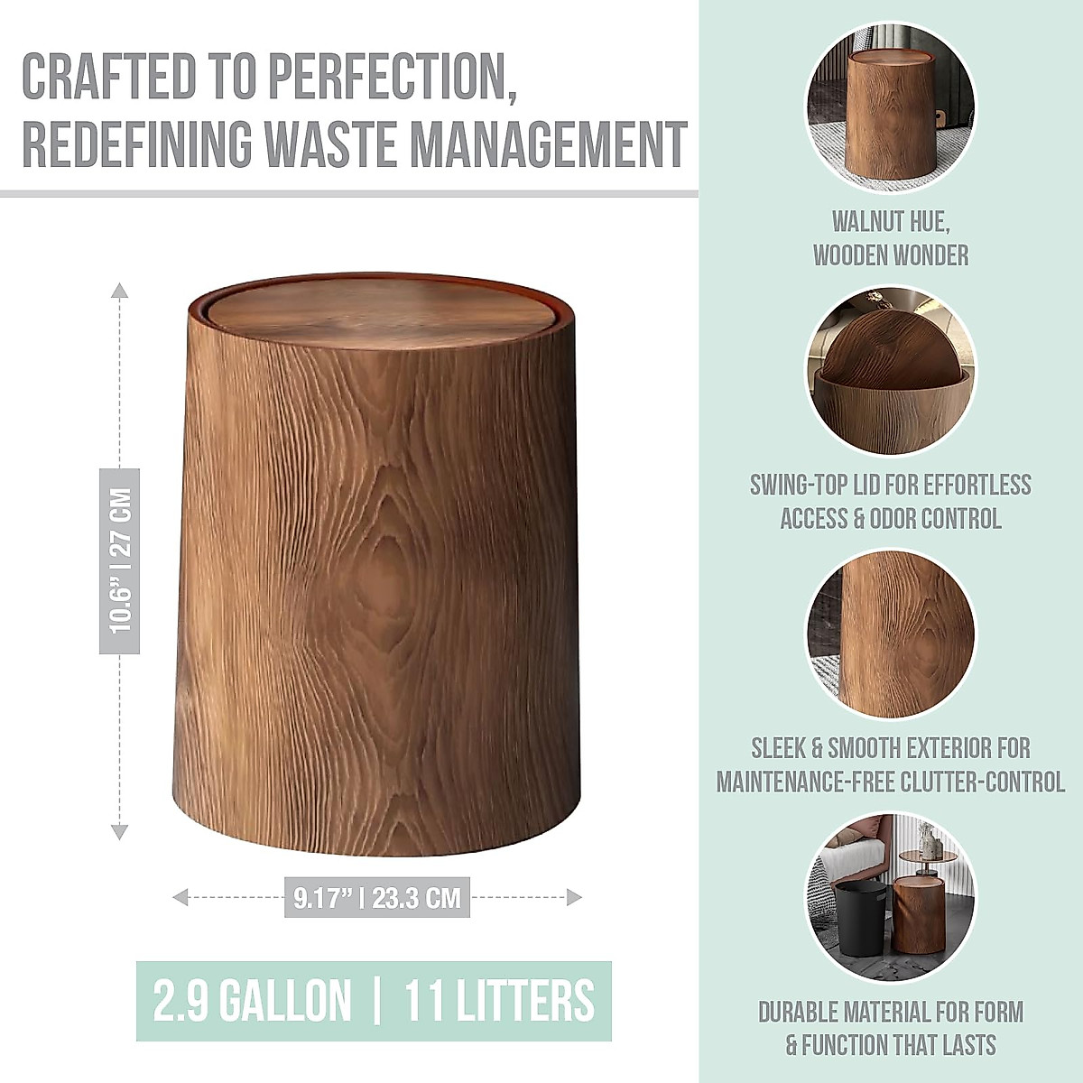 11L Trash Can with Lid - 2.9-Gallon Walnut Brown Wood Grain Bathroom Garbage Can with Swing Top Lid - Minimalist Diaper Trash Can w Removable Interior Waste Bucket - Dustbin for Office, Bedroom