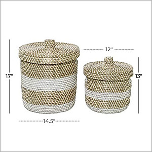 Deco 79 Seagrass Handmade Two Toned Storage Basket with Matching Lids, Set of 2 13", 17"H, Brown