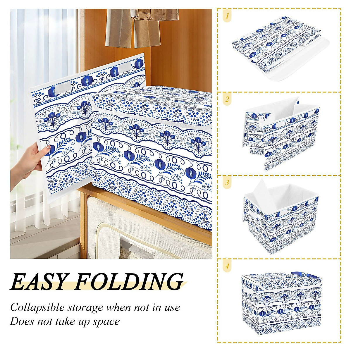 WELLDAY Blue White Floral Ceramic Storage Baskets Foldable Cube Storage Bin with Lids and Handle, 16.5x12.6x11.8 In Storage Boxes for Toys, Shelves, Closet, Bedroom, Nursery