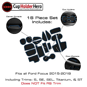 CupHolderHero fits Ford Focus Accessories 2015-2018 Premium Custom Interior Non-Slip Anti Dust Cup Holder Inserts, Center Console Liner Mats, Door Pocket Liners 16pc Set (Blue Trim)