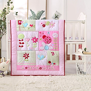 VIVILINEN Pink Ladybird Baby Crib Bedding Set for Girls 3 Pieces Bird Flowers Infant Toddler Nursery Comforter Sets with Crib Quilt Baby Blanket Fitted Sheet Crib Skirt for Standard Size Crib