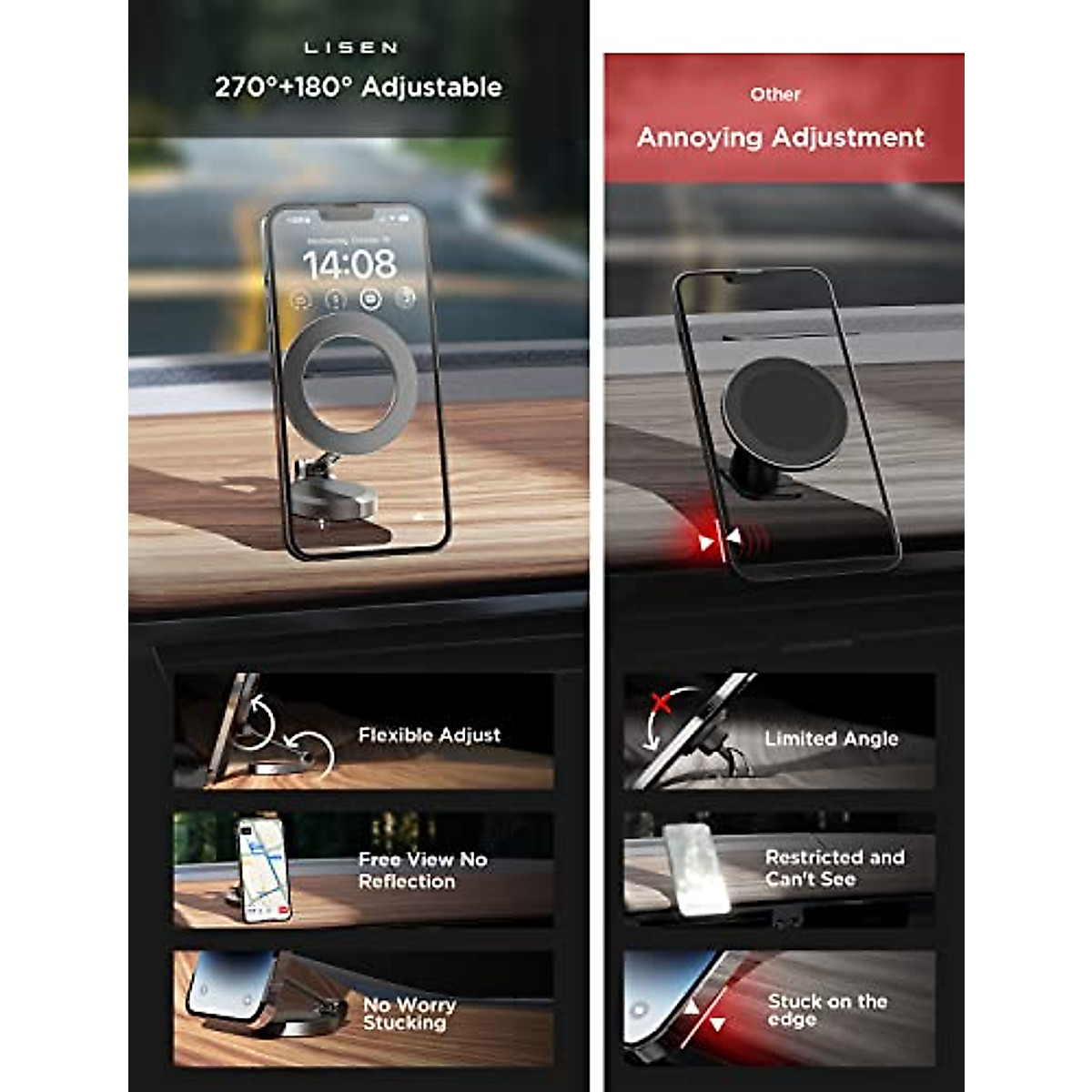 LISEN for MagSafe Car Mount, [20 Strong Magnets] Magnetic Phone Holder for Car, Hands Free iPhone Car Holder Mount Dash Phone Mount for Car Fit for iPhone 14 13 12 Pro Max Plus Mini MagSafe Case