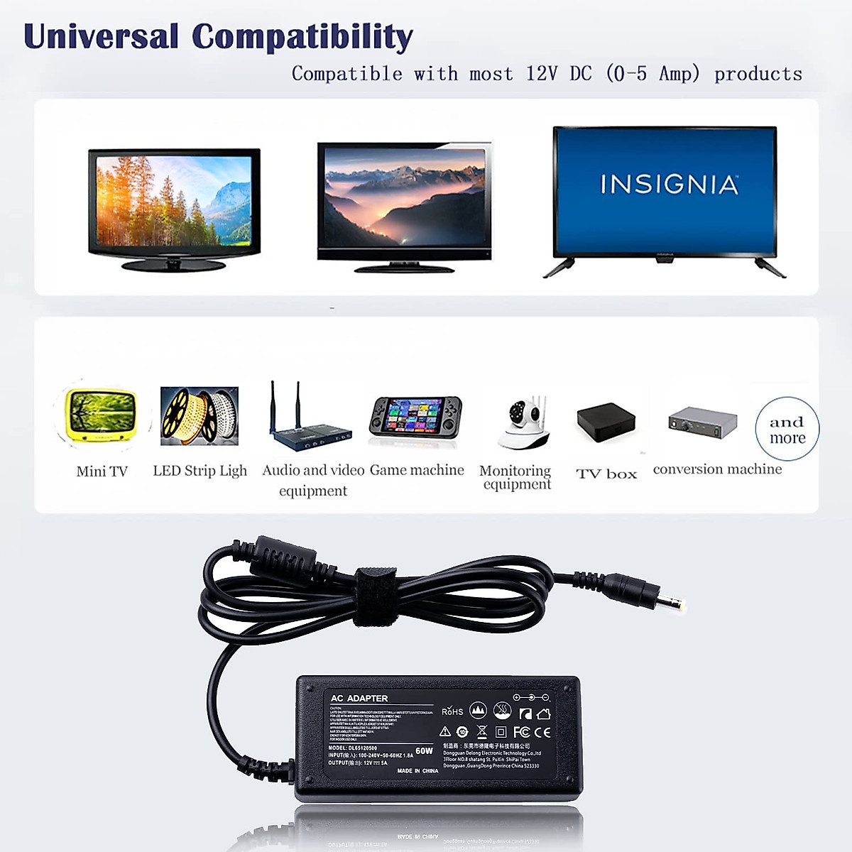 12V Ac Dc Adapter Power Cord for Insignia 19" 20" 24" 28" 32" LED HDTV HD TV NS-32D312NA15, NS-32D220NA16, AY060A-ZF122, NS-24ED310NA15, NS-19E310A13 NS NS-24E200NA14 NS-32D420NA16 Power Supply Cord