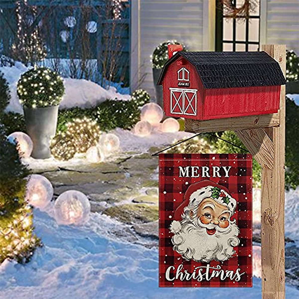 AVOIN Merry Christmas Watercolor Buffalo Check Plaid Santa Claus Garden Flag Vertical Double Sided, Winter Holiday Yard Outdoor Decoration 12.5 x 18 Inch