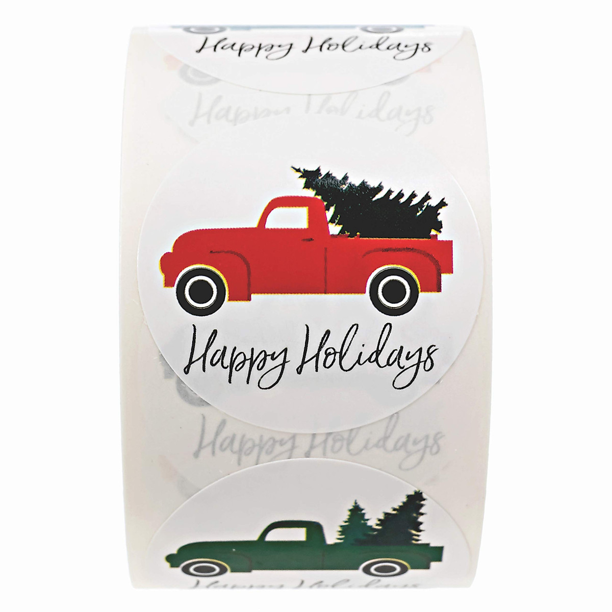 Vintage Trucks Holiday Stickers / 500 Christmas Labels / 4 Winter Evergreen Tree Truck Designs / 1.5" Seasonal Envelope Seals