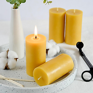Beeswax Pillar Candles, Natural Bees Wax Candles 2x4 Inch, 4 Pack, Unscented Large Pillar Candle - Smokeless & Dripless, 35-40 Hours Long Burning Time for Home Decor, Dinner, Party