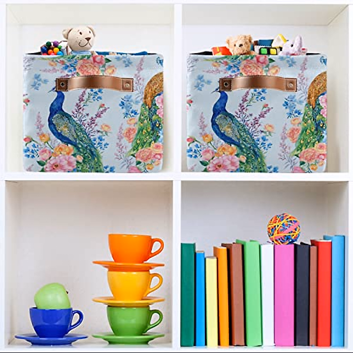 Large Storage Basket Peacock Tropical Animal Cube Storage Bin Canvas Fabric Organizer Handles Collapsible Decorative Bedroom