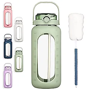 64oz Glass Water Bottles with Straw Time Marker Half Gallon Large Motivational Water Bottle with Silicone Sleeve 2L Big Glass Water Jug Bottle for Gym, Sports, Workout, Daily Green