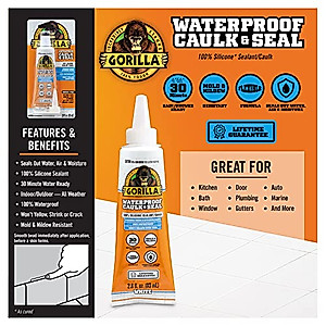 Gorilla Waterproof Caulk & Seal100% Silicone Sealant, 2.8oz Squeeze Tube, White (Pack of 1)