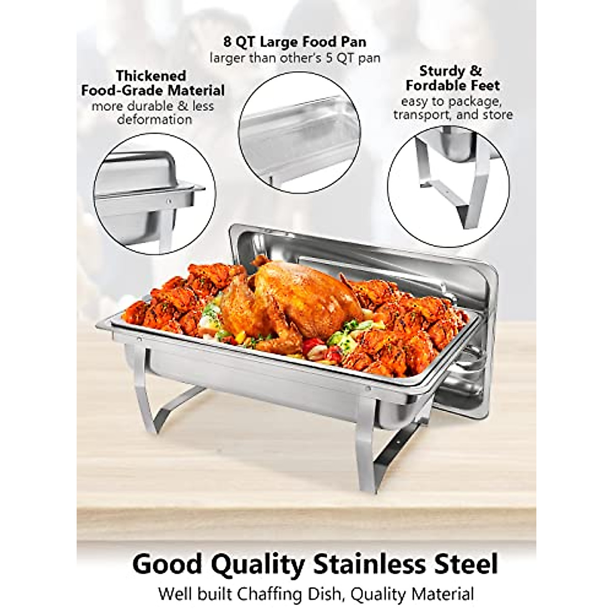 PURECHO Rectangular Chafing Dish Buffet Set, 4 Pack 8 Qt, Stainless Steel Chafer Full Size, Catering Food Warmer with Folding Frame, Ideal for Parties, Wedding, Festival Gathering