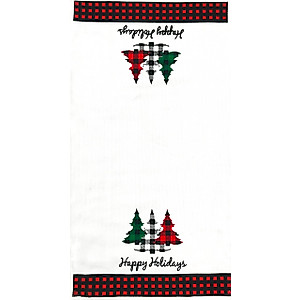 Farmhouse Christmas Kitchen Hand Towels: Postal Country Truck and Trees Herringbone Cotton Weave with Decorative Checkered Prints on Terrycloth with Easy Hang Fabric Loops (Farm Fresh Trees)