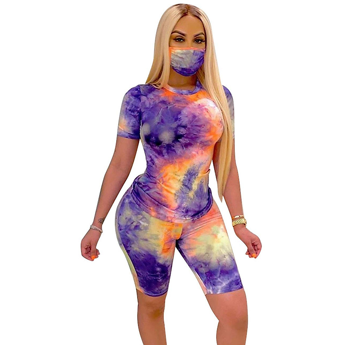 Short Sets Women 2 Piece Outfits, Tie Dye Short Sleeve Top and Shorts Tracksuit Set Purple-Yellow XXL